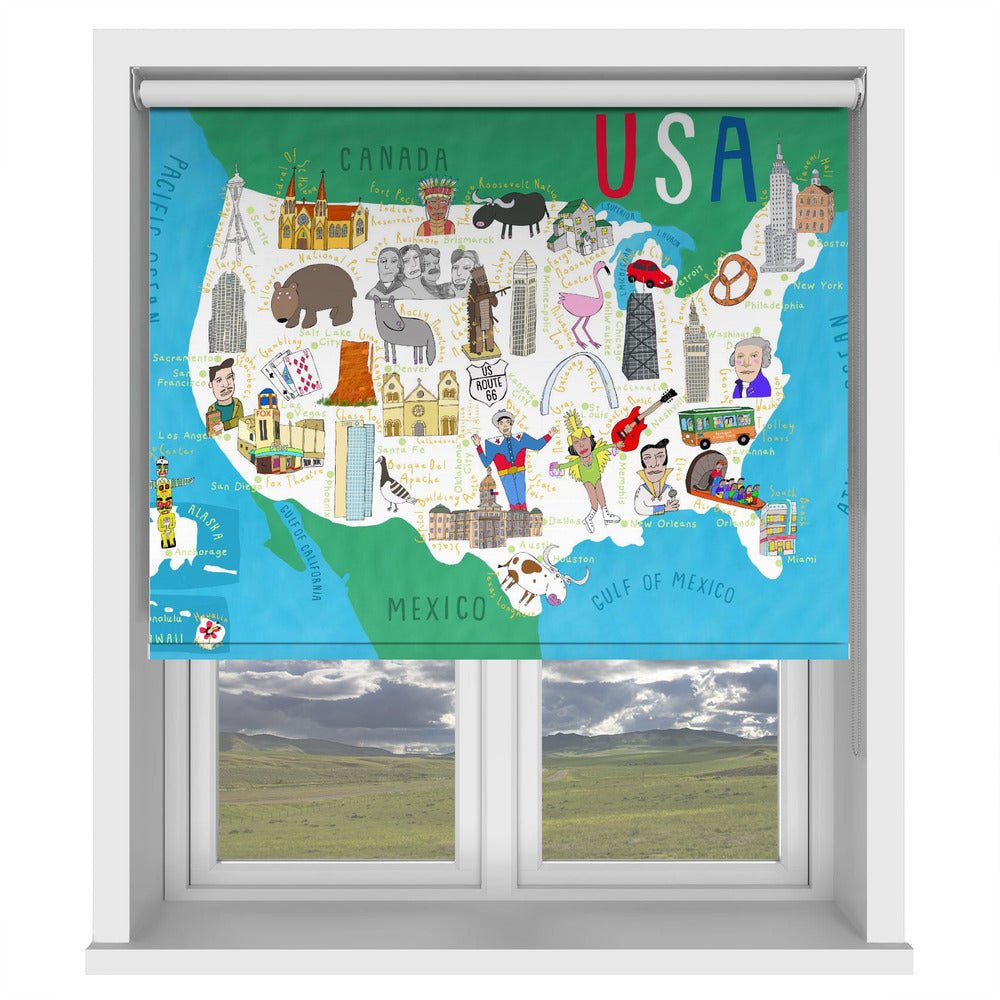 Kids Bedroom Blinds Educational Illustrated Map of the USA by Artist ...