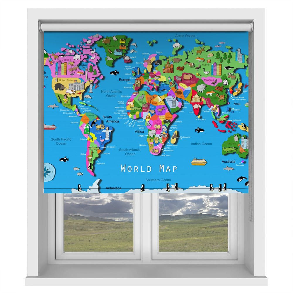 Kids Blackout Bedroom Blinds easy fit No drill Illustrated World Map ...