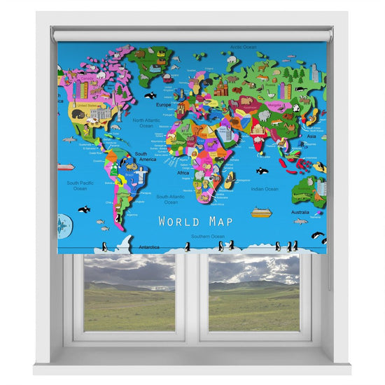 Kids Blackout Bedroom Blinds easy fit No drill Illustrated World Map ...