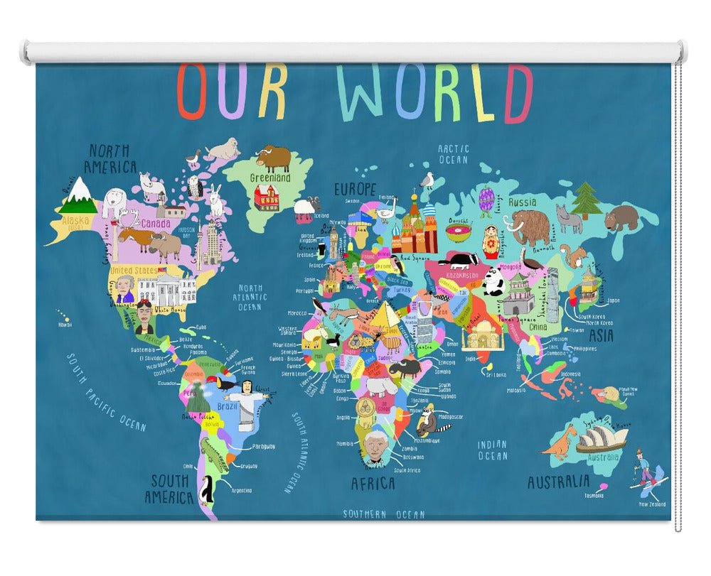 Kids Bedroom No Drill Blinds Our World Illustrated World Map for Kids ...