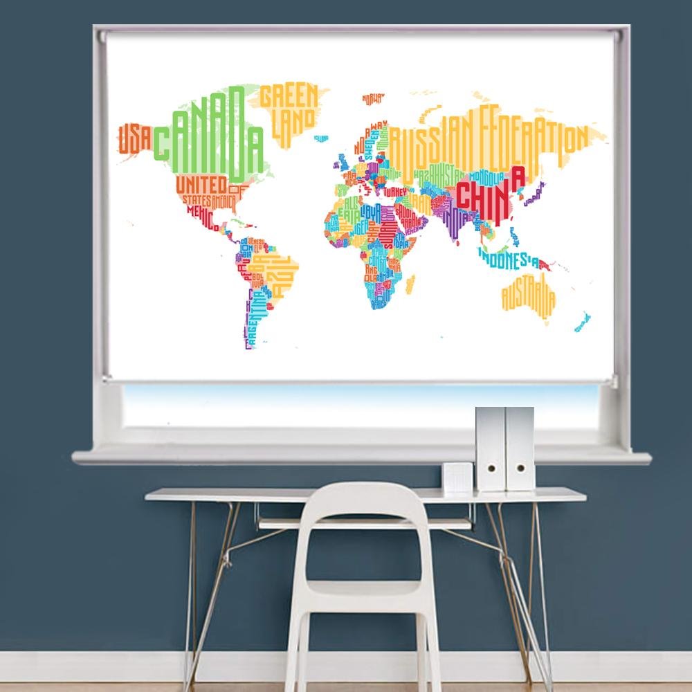 Typographic World Map Picture Blind | Printed Photo Roller Blind | Art ...